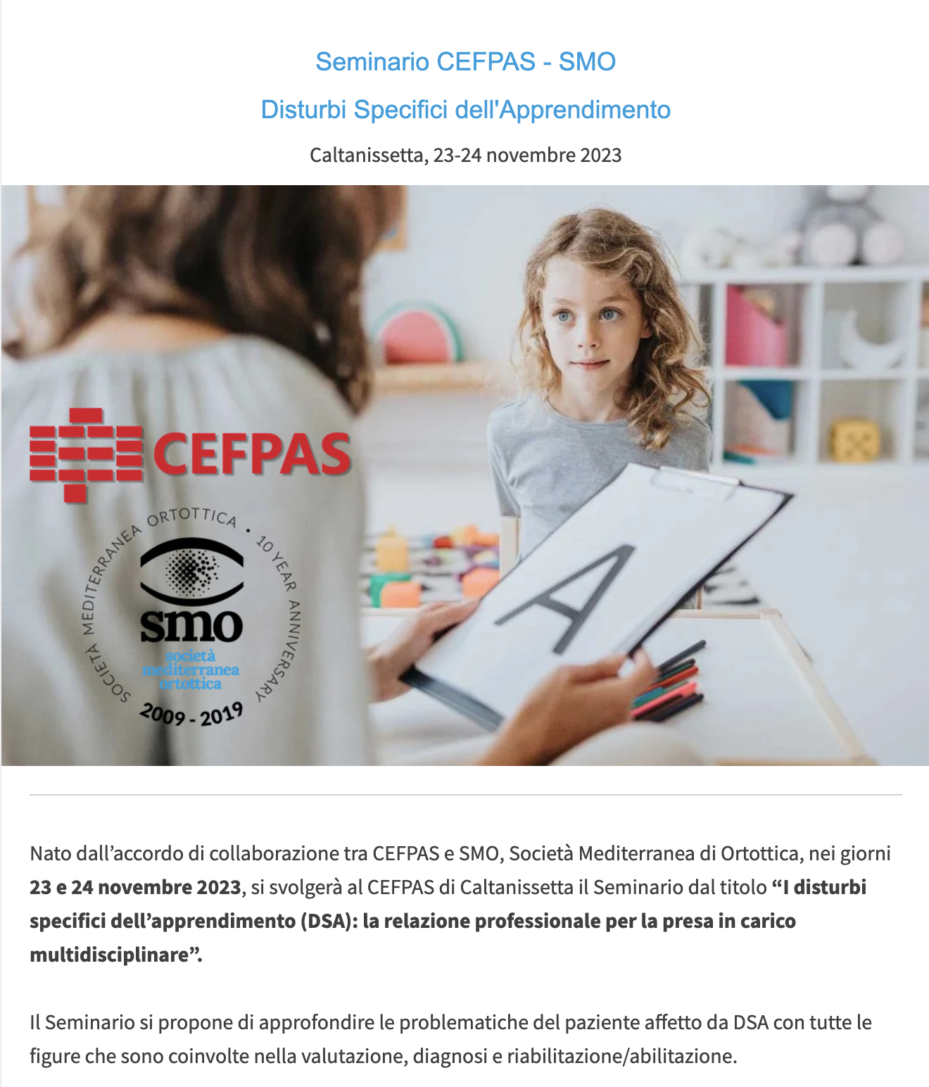 Seminario CEFPAS SMO: Disturbi Specifici dell'Apprendimento - Società ...